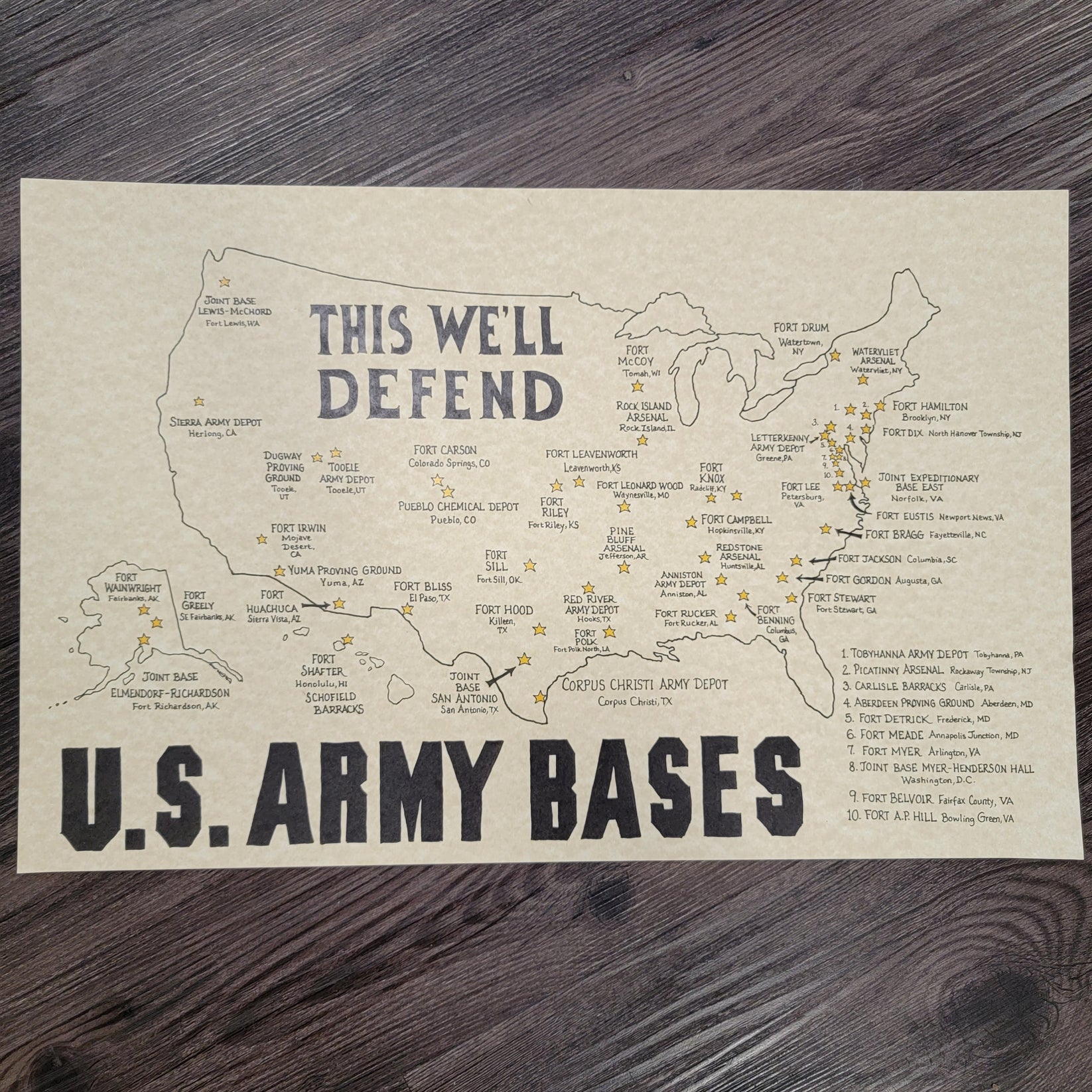 Hand-Drawn Army Garrisons Map - Military Wall Art & Gift for Veterans ...